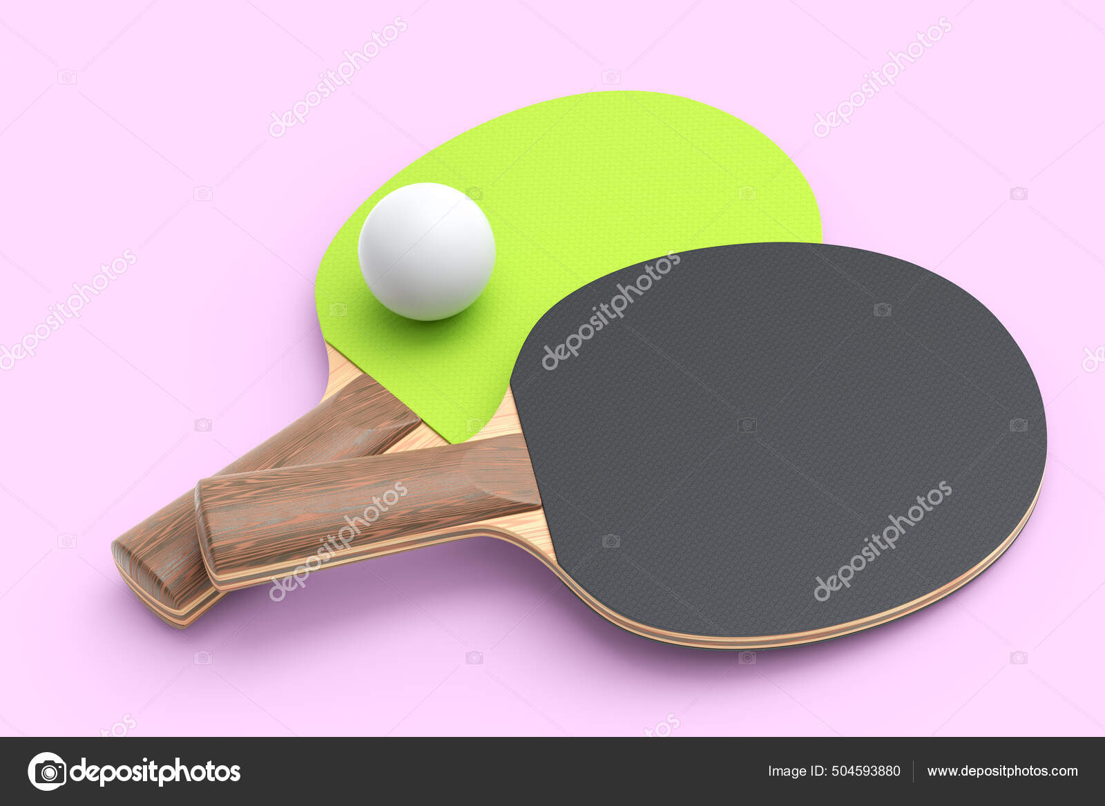 Pair of ping pong rackets for table tennis with ball isolated on pink ...