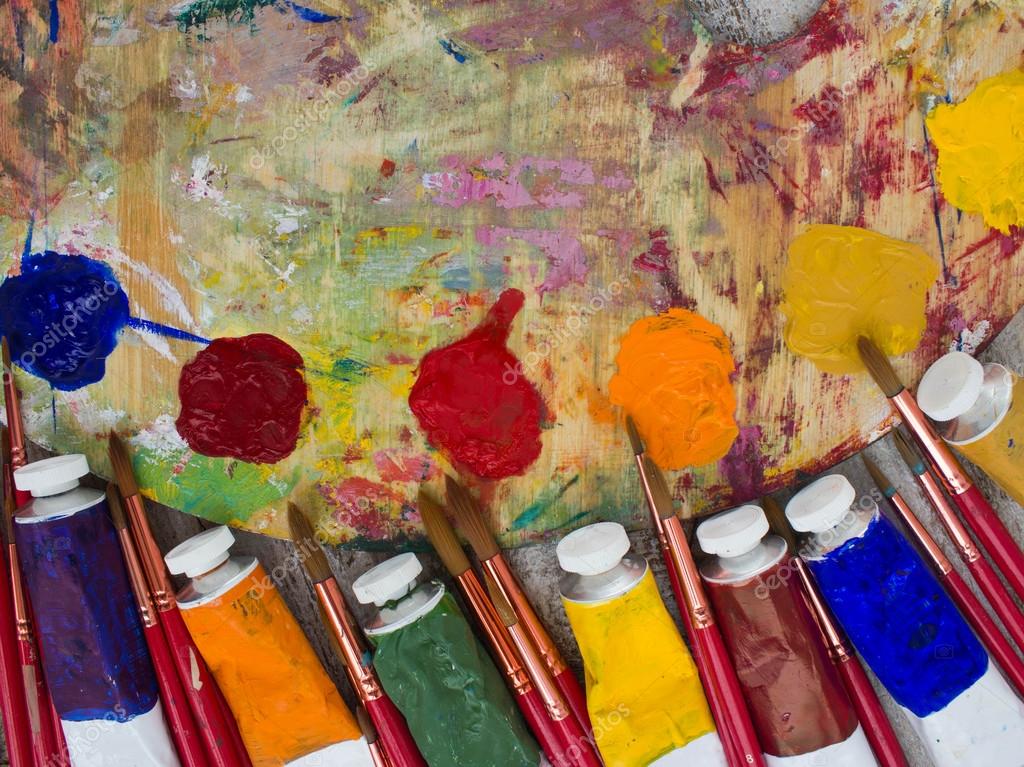 Farben, Pinsel, Palette. Banner für die Schule. - Stockfotografie ...