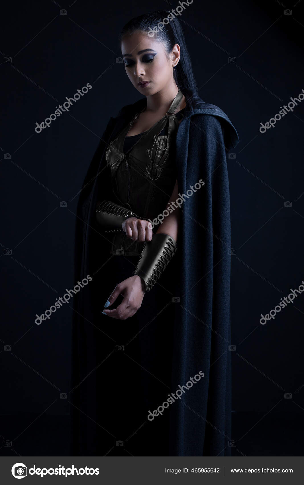 Attractive Dark Haired Woman Wearing Urban Fantasy Style Costume Black