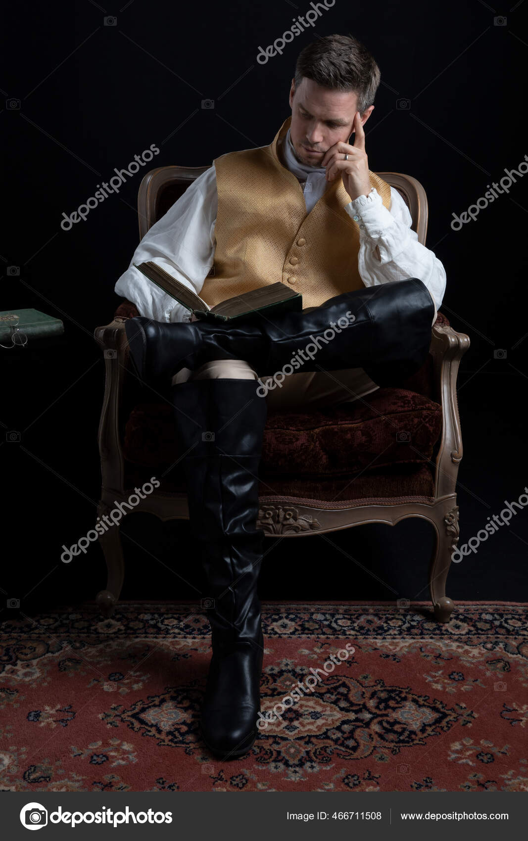Handsome Regency Man Wearing Gold Waistcoat Breeches Sitting Red Velvet ...