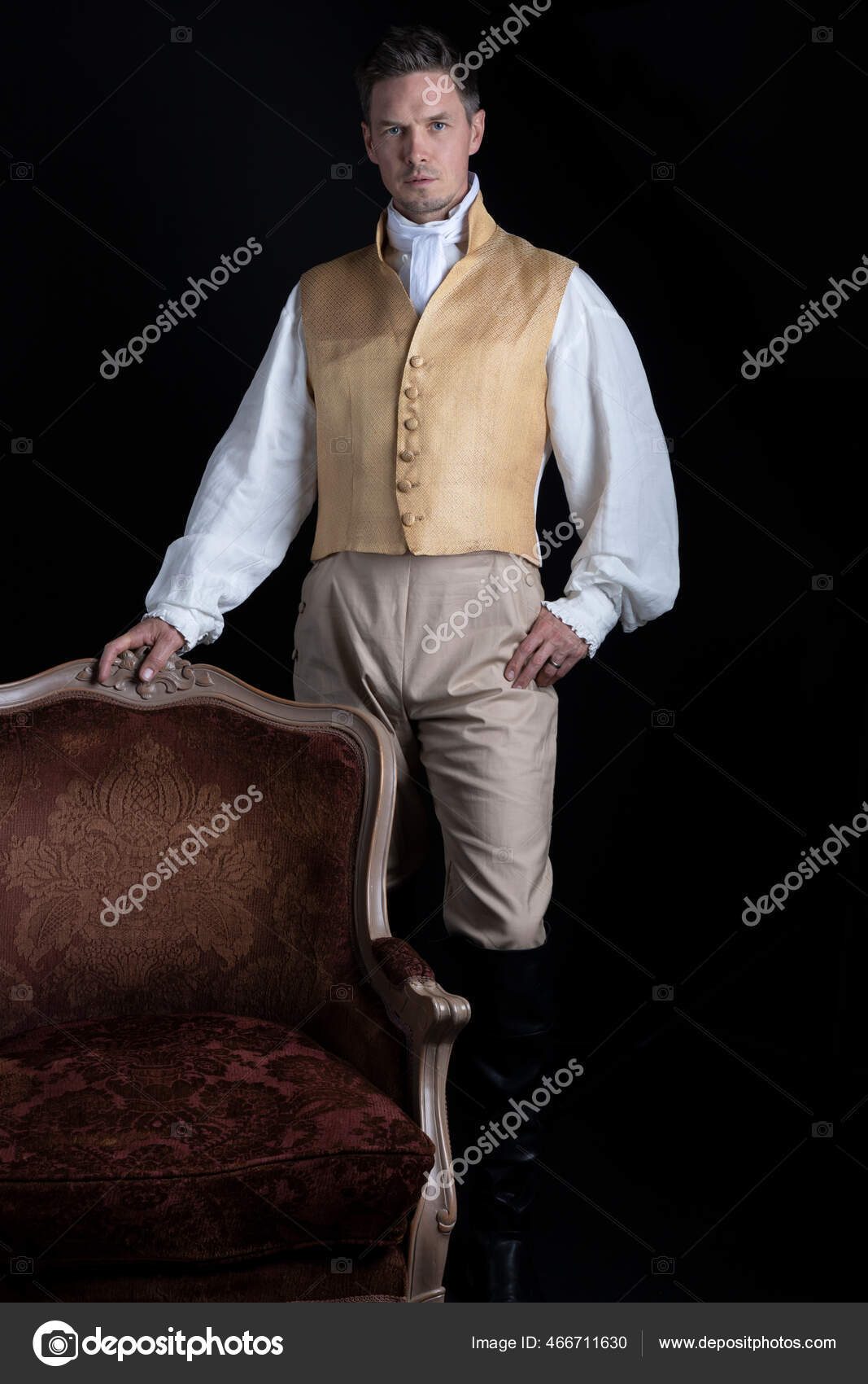 Handsome Regency Man Wearing Gold Waistcoat Breeches Standing Darkened ...