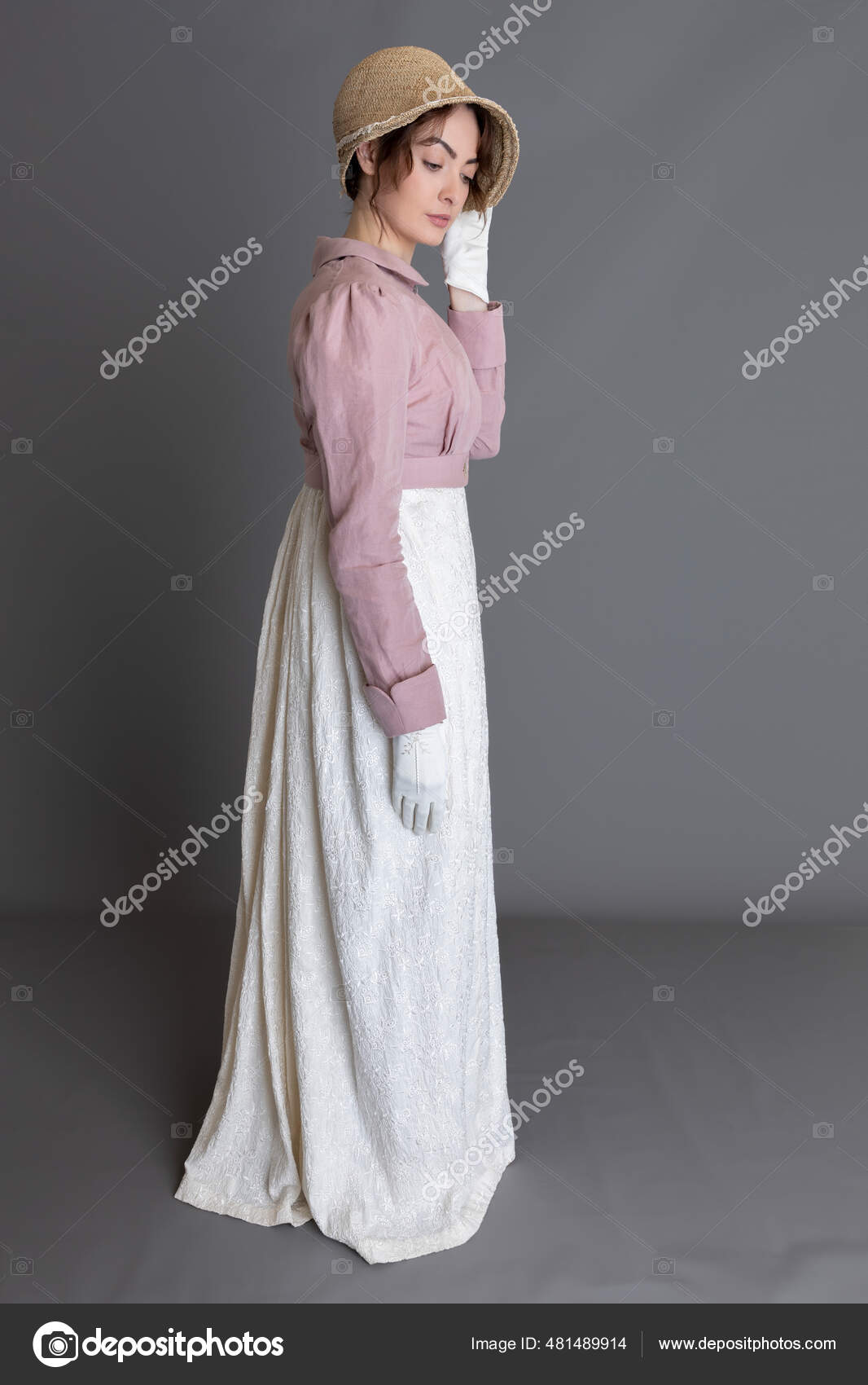 Regency Woman Wearing Embroidered Cream Dress Pink Linen Spencer Stock ...