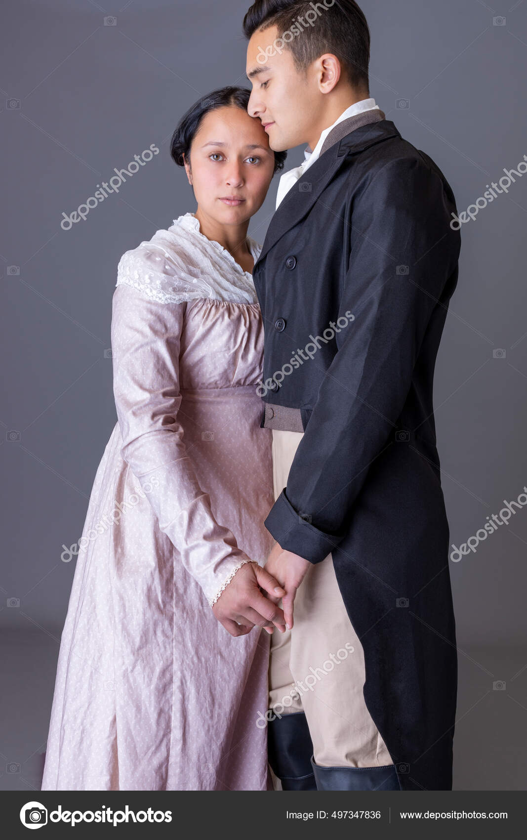 Regency Couple Romantic Embrace Studio Backdrop — Stock Photo © kathysg #497347836