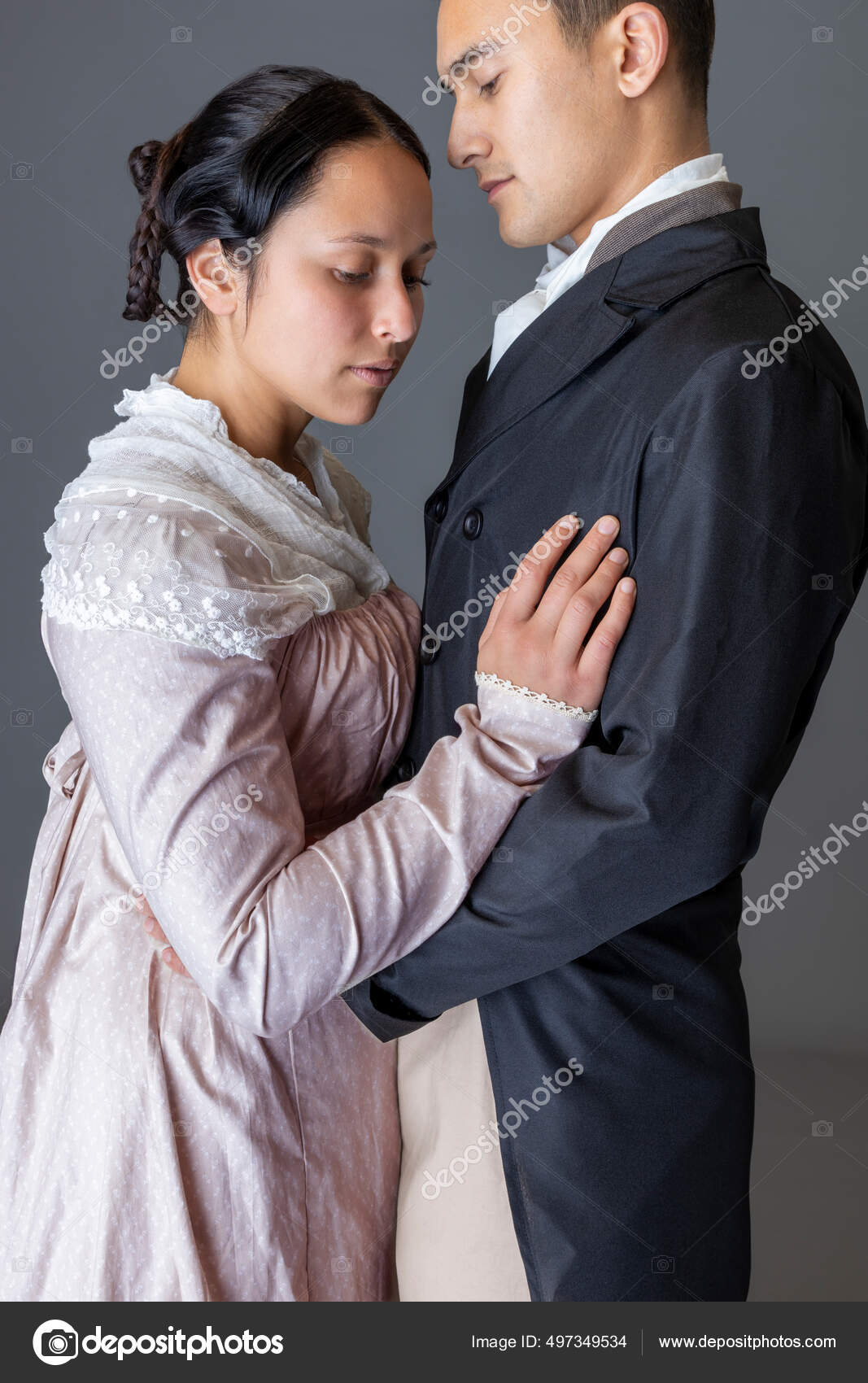 Regency Couple Romantic Embrace Studio Backdrop — Stock Photo © kathysg #497349534