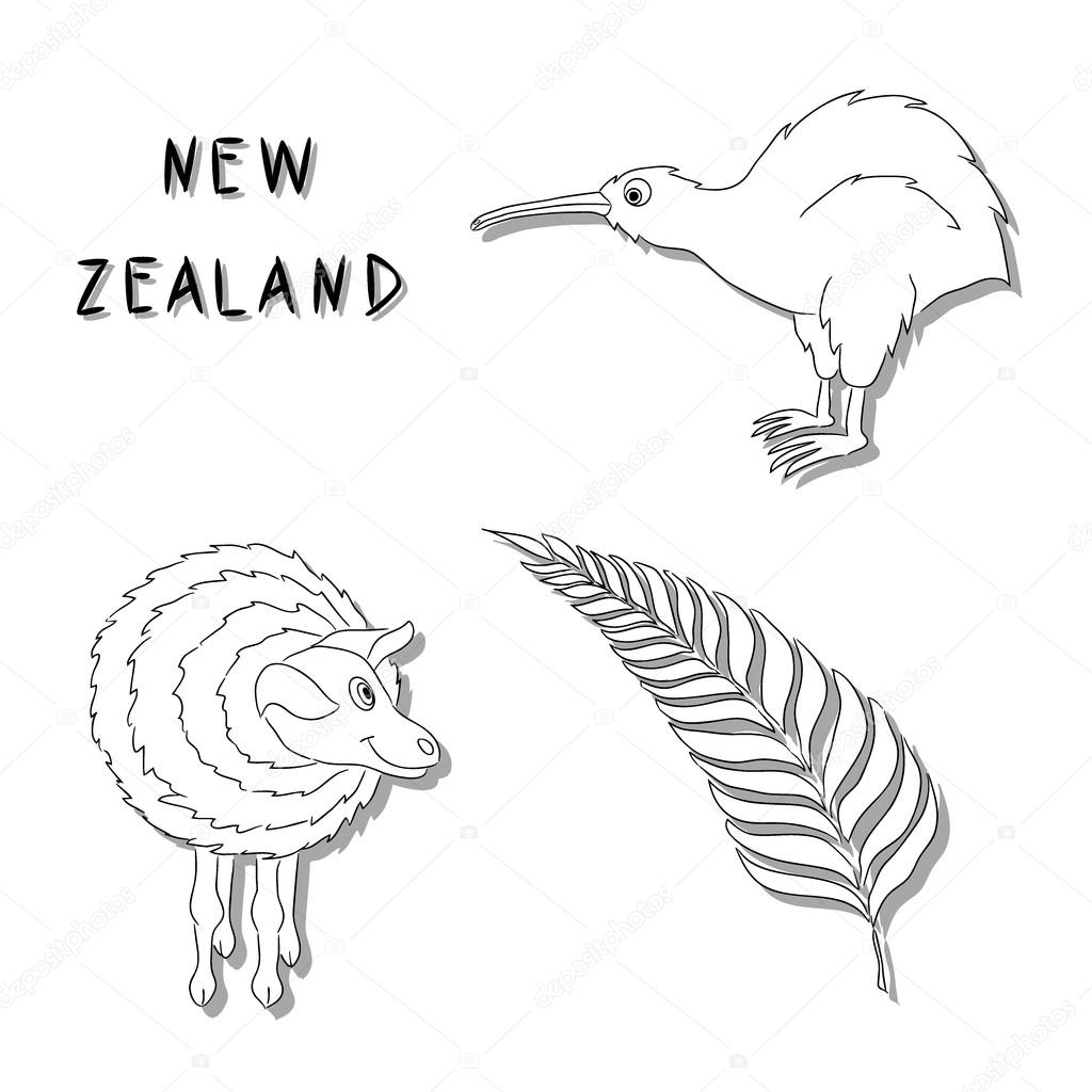 Nya Zeelands symboler. En uppsättning svarta linjen tecknade ikoner ...