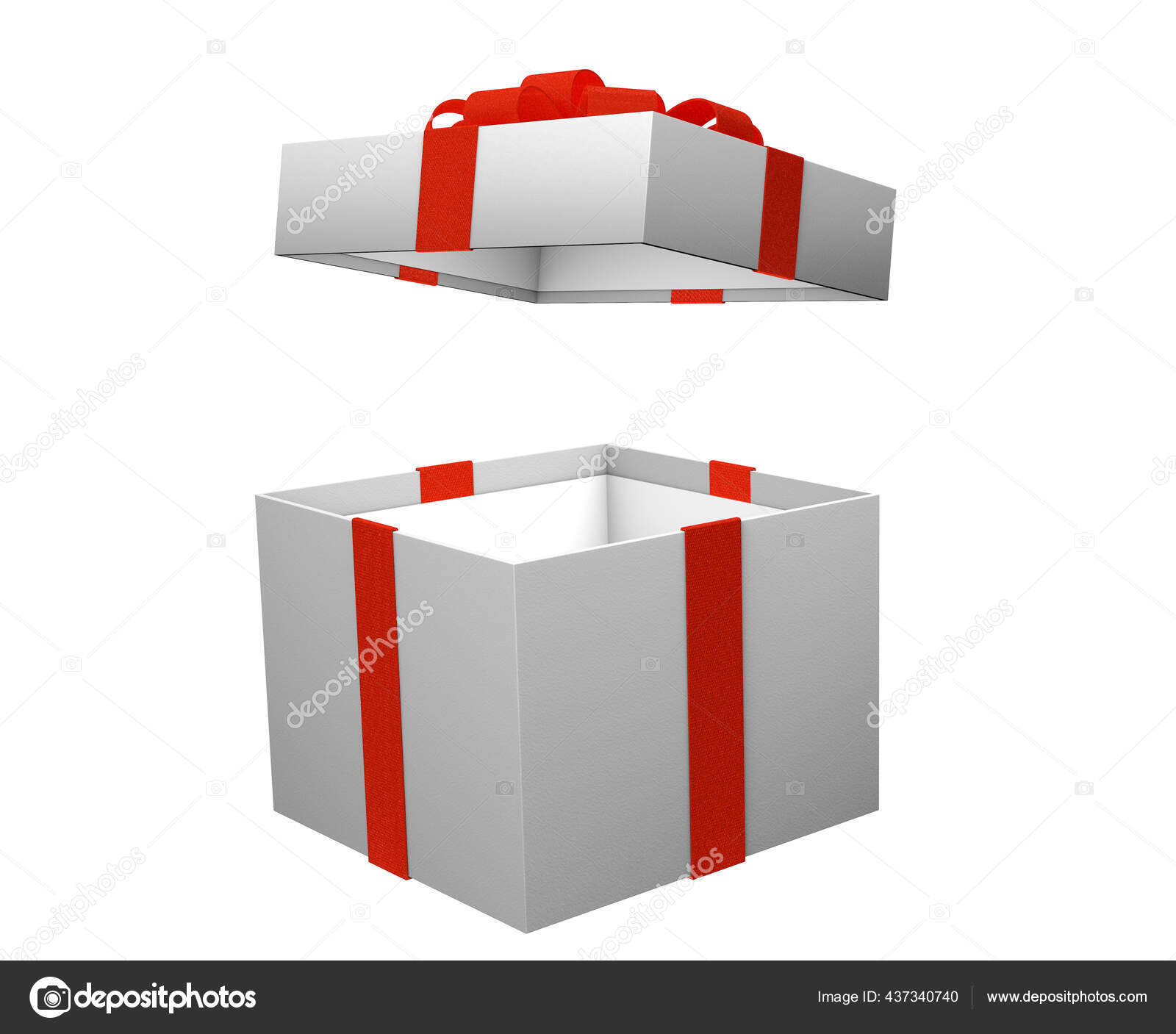 Open empty box for gifts with red ribbon isolated on white. 3d render ...