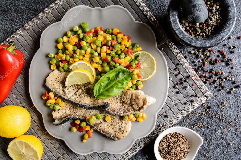 Fried blue shark with steamed vegetable — Stock Photo © NoirChocolate ...