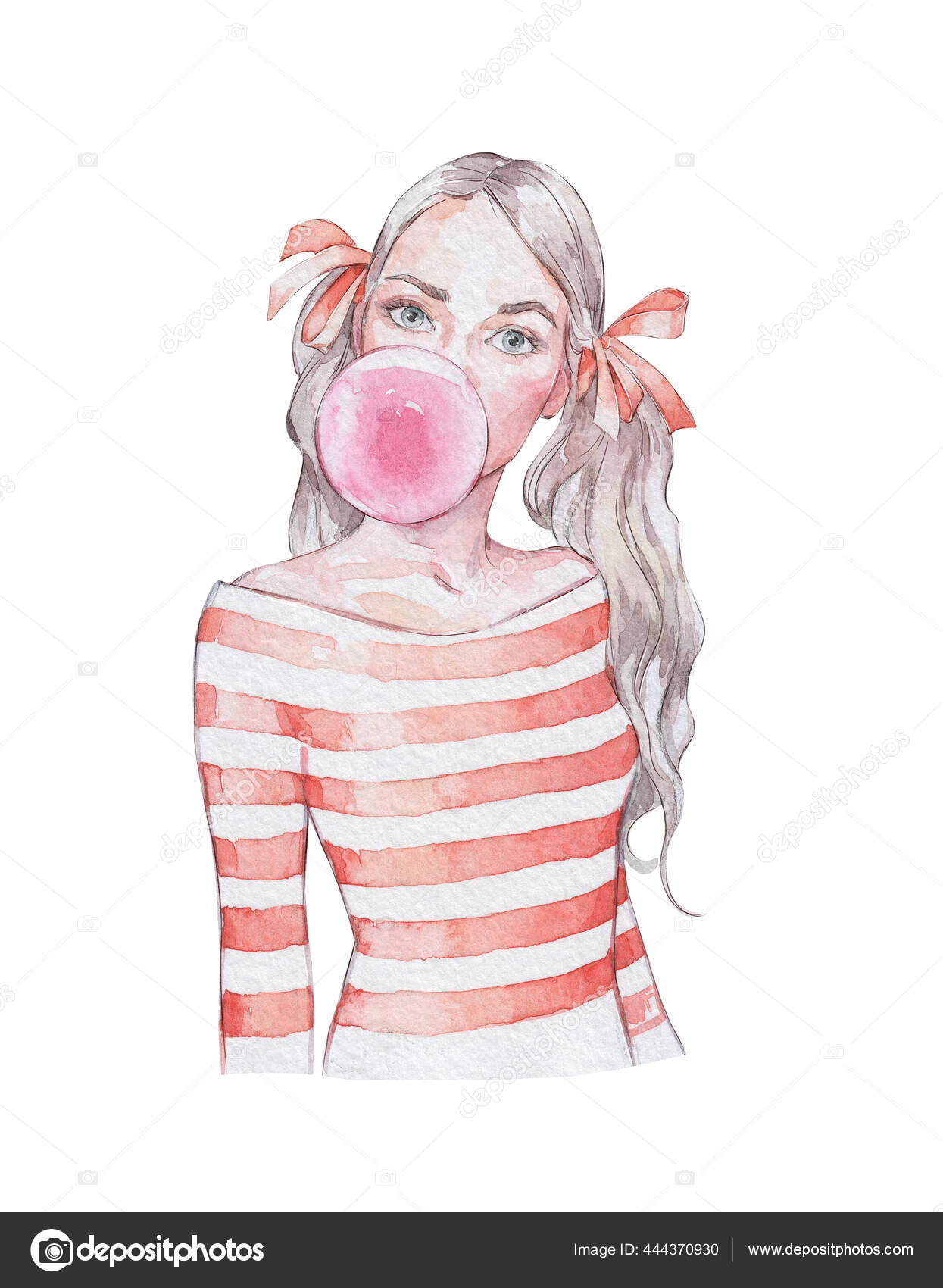 A Drawing Of Girl Chewing Bubble Gum Hand Drawn Raster Illustration