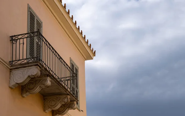 Neoclassical Building Facade Balcony Detail Cloudy Sky Background Plaka ...