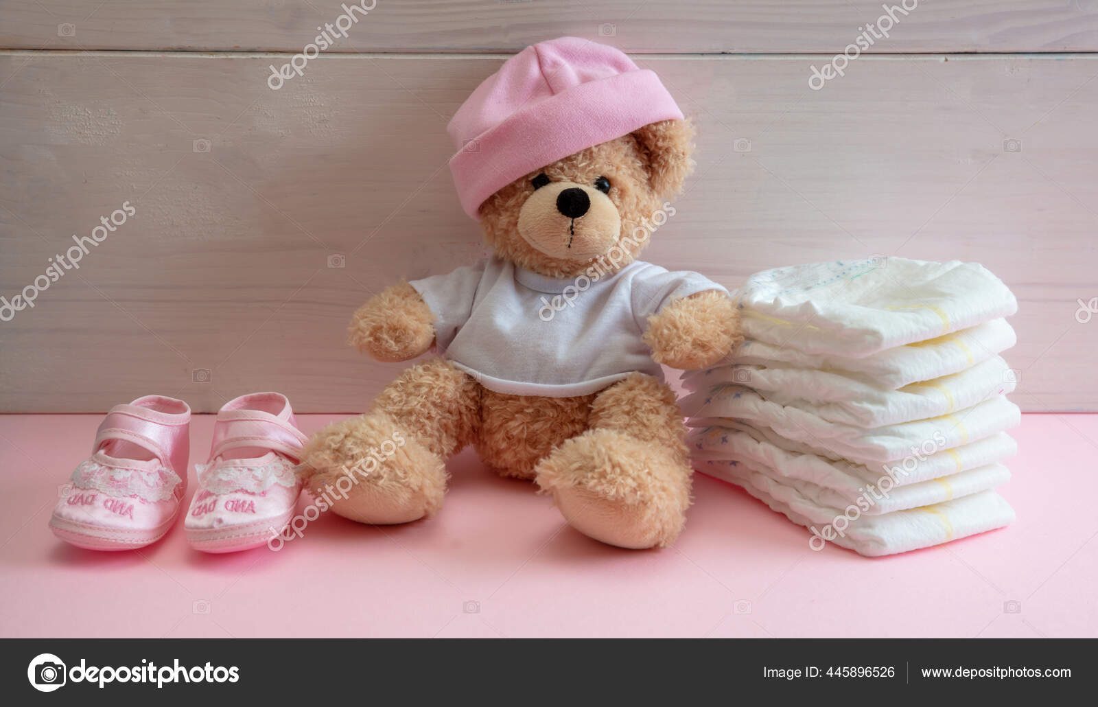 Baby Diapers Stack Cute Teddy Bear Sitting Pink Color Floor Stock Photo ...