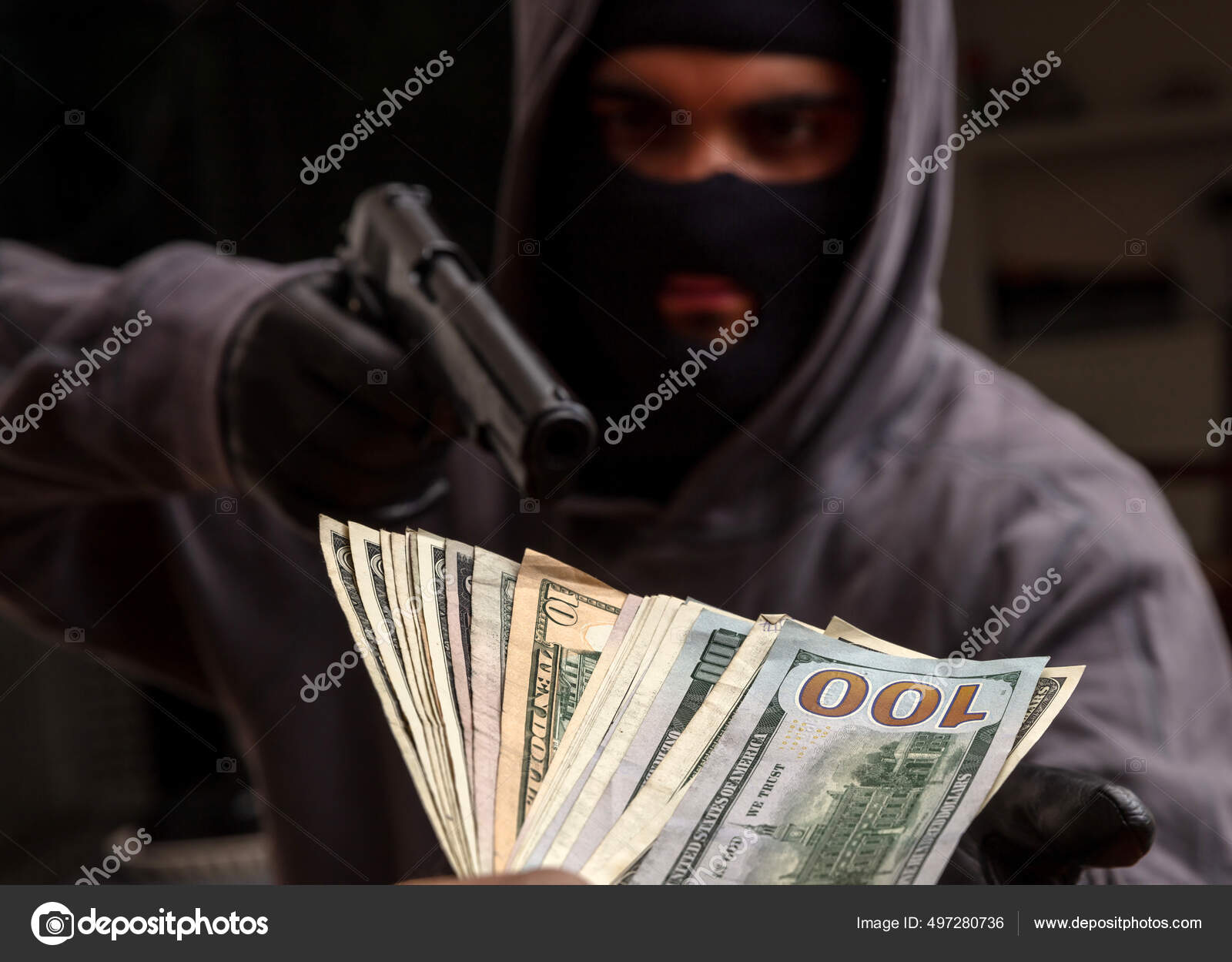 Armed Robbery Thief Pistol Gloved Hand Man Balaclava Threatens Gun ...