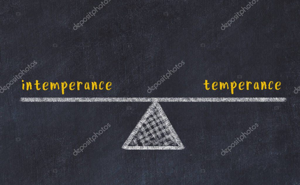 Dibujo de tiza de escamas con palabras intemperancia y templanza sobre ...