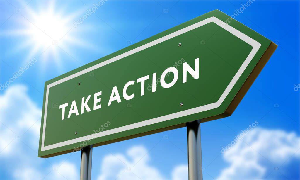 Tome acción Señal verde de la carretera contra las nubes y la explosión ...