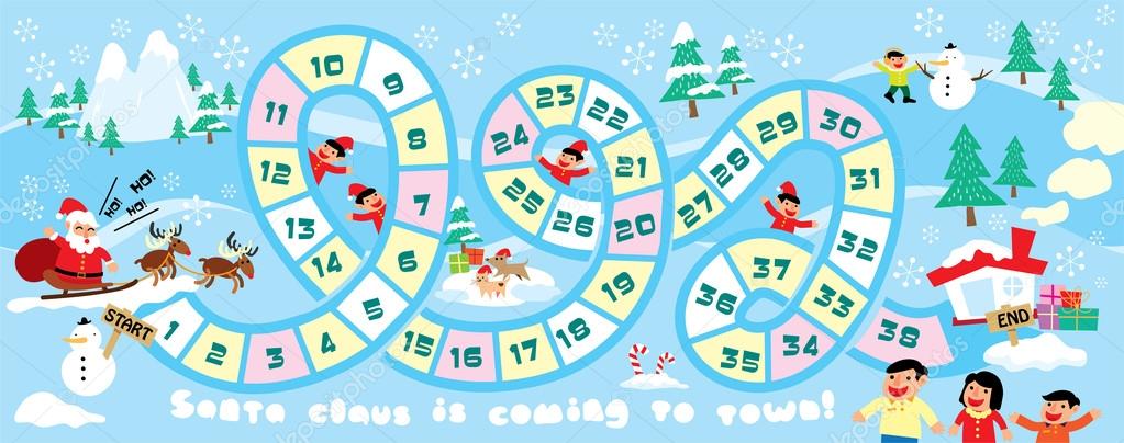 Christmas village map, winter town, board game with illustrations ...