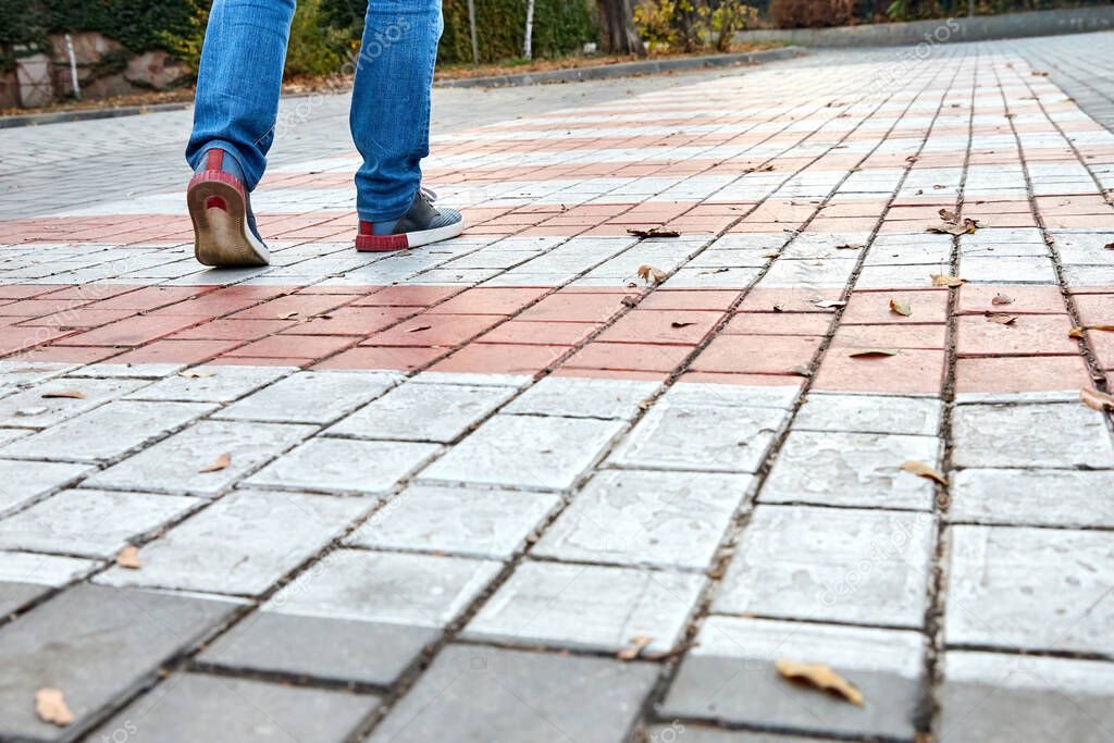 Pies de un hombre caminando sobre un paso peatonal en un parque de la ...