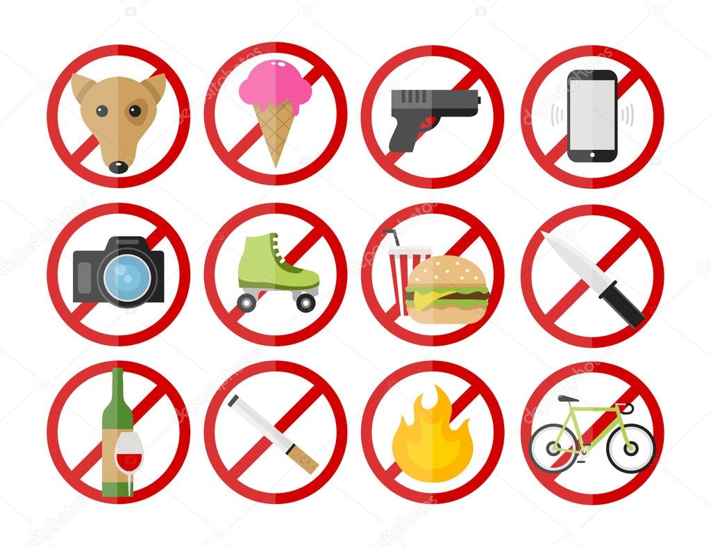 Vector "prohibitory signs" icons set: no smoking, no dogs, no fire, no ...