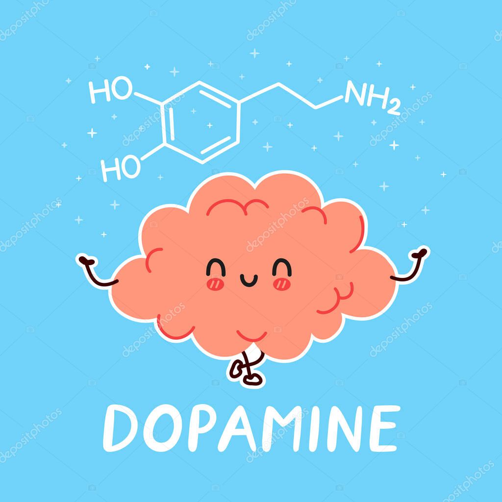 Lindo personaje divertido cerebro humano órgano y fórmula de dopamina ...