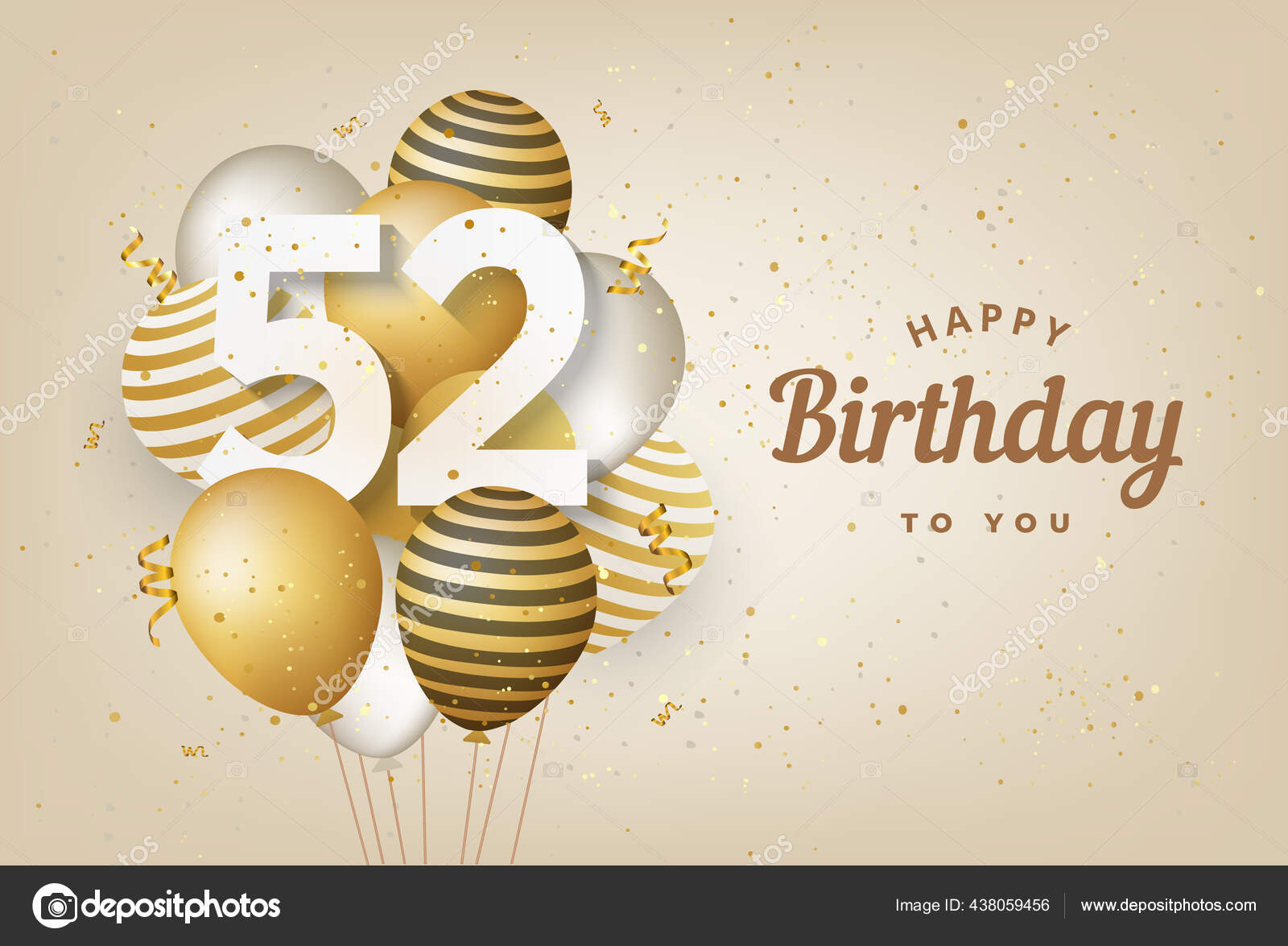 Happy 52Th Birthday Gold Balloons Greeting Card Background Years ...