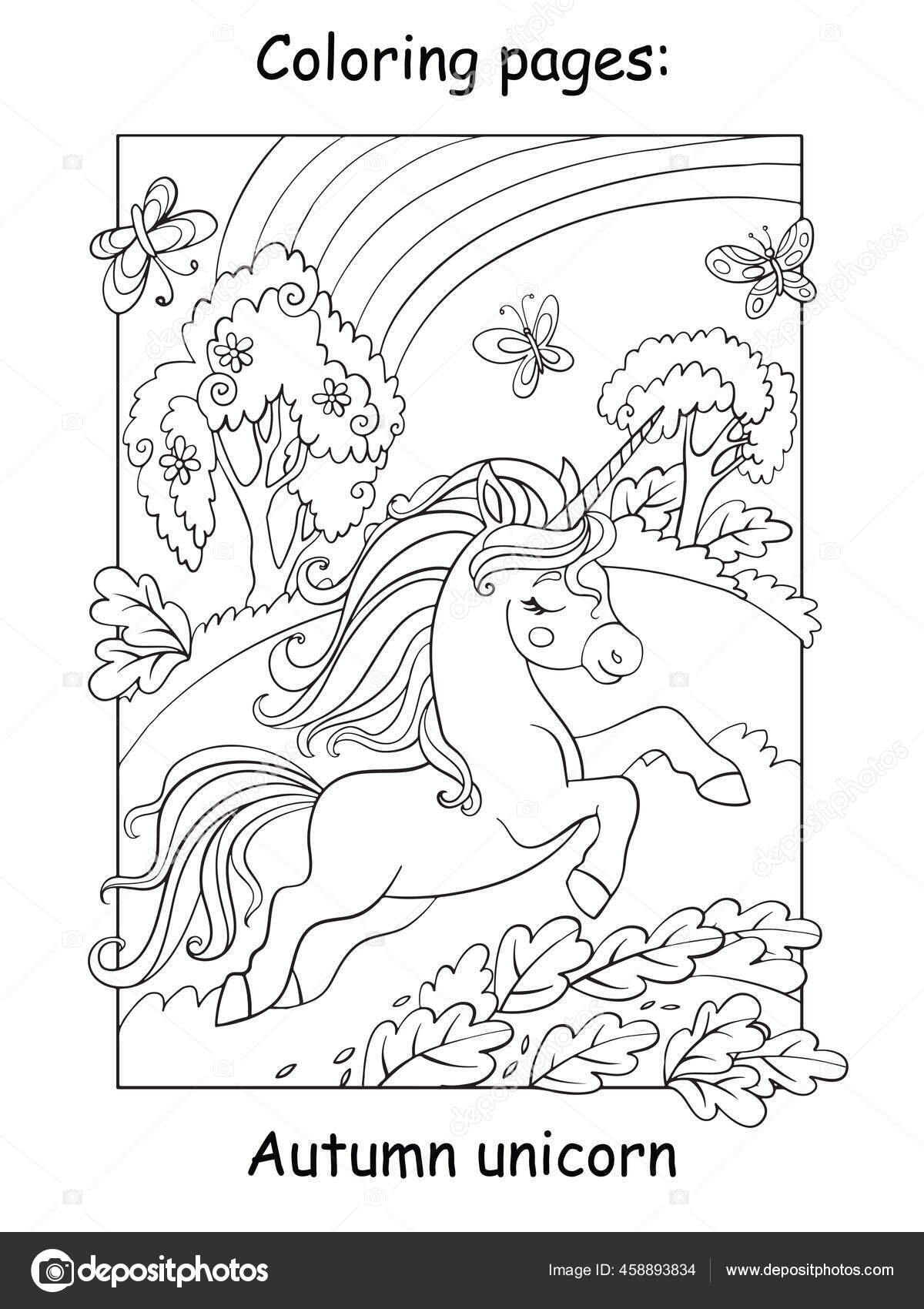 Cute Running Unicorn Autumn Forest Coloring Book Page Children Vector ...