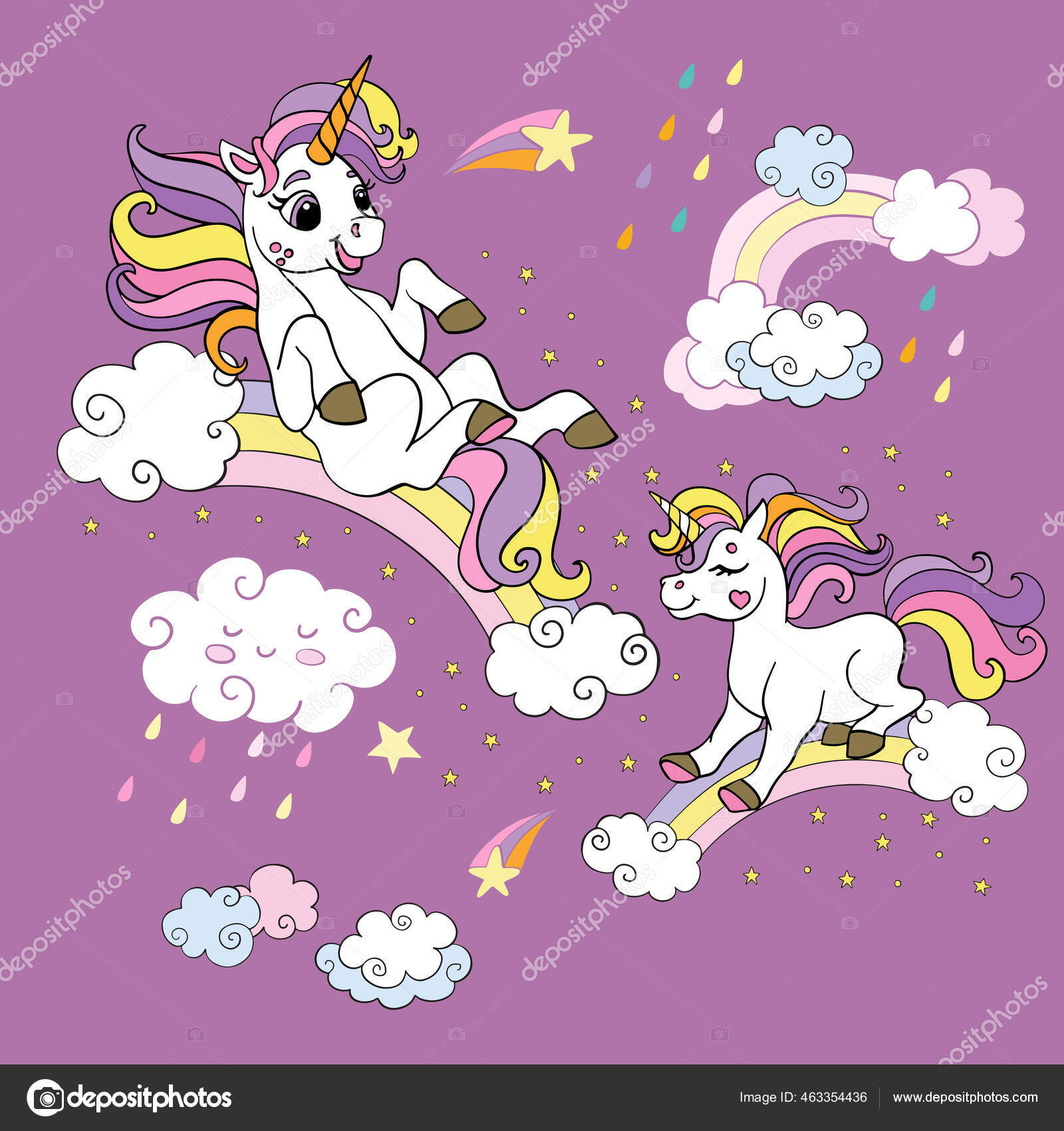 Two Funny Unicorns Rolling Rainbows Vector Colorful Illustration Party ...