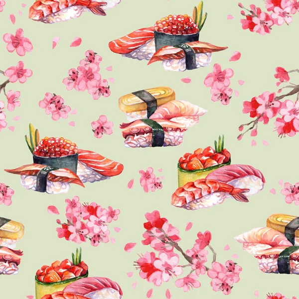 Seamless pattern with japanese cuisine sushi with sakura blossom branch ...