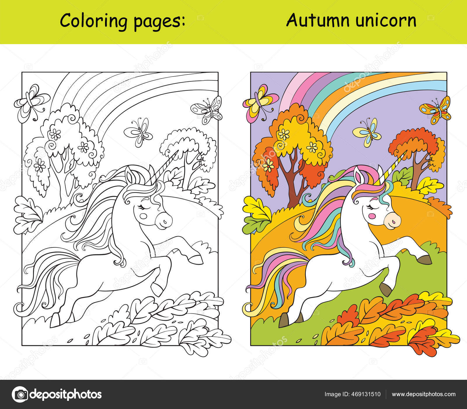 Cute Running Unicorn Autumn Forest Coloring Book Page Children Colorful ...