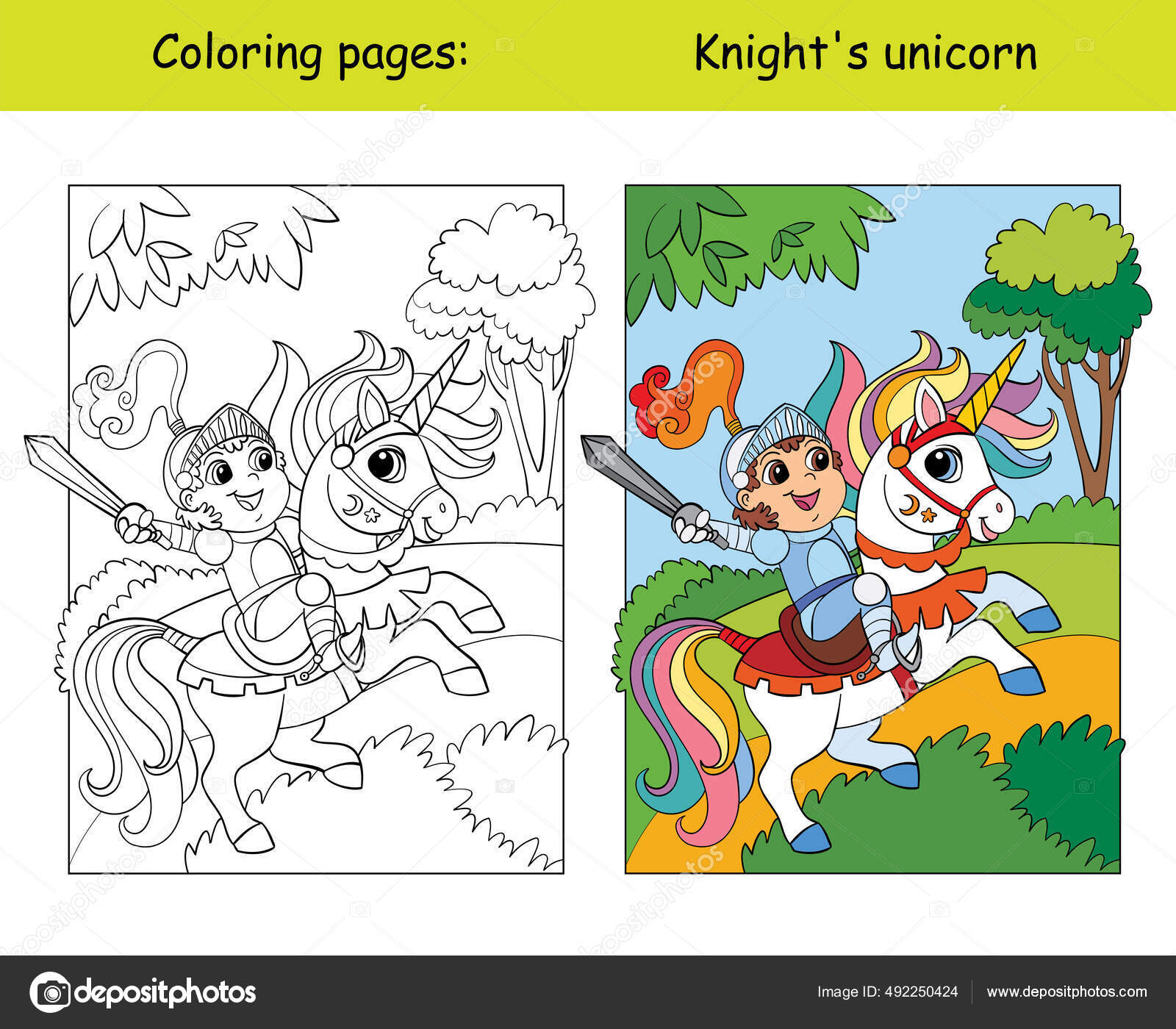 Coloring and color knight riding a unicorn Stock Illustration by ©Alinart #492250424