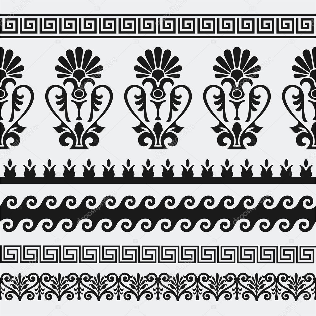 Greek seamless patterns, textures, black on a gray background. Isolated ...