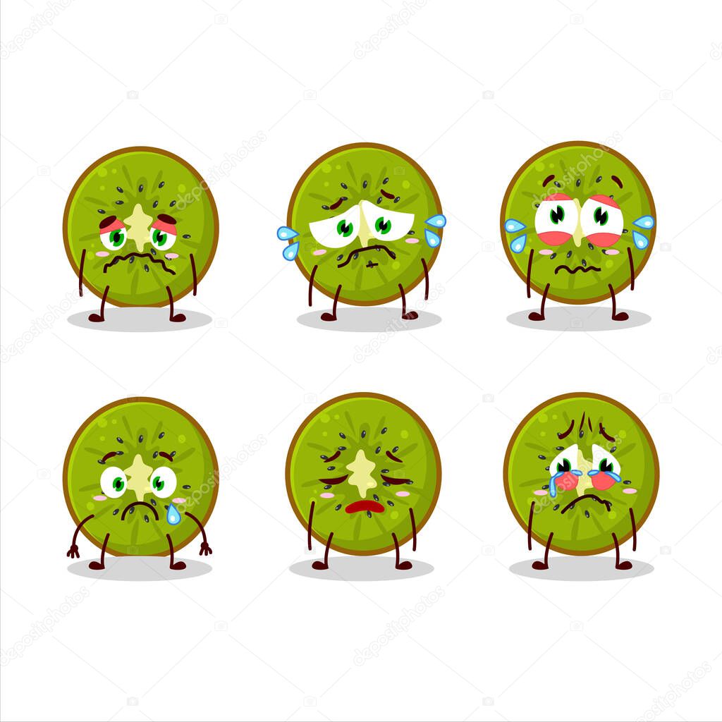 Rebanada de personaje de dibujos animados kiwi con expresión triste ... Rebanada de personaje de dibujos animados kiwi con expresión triste ...
