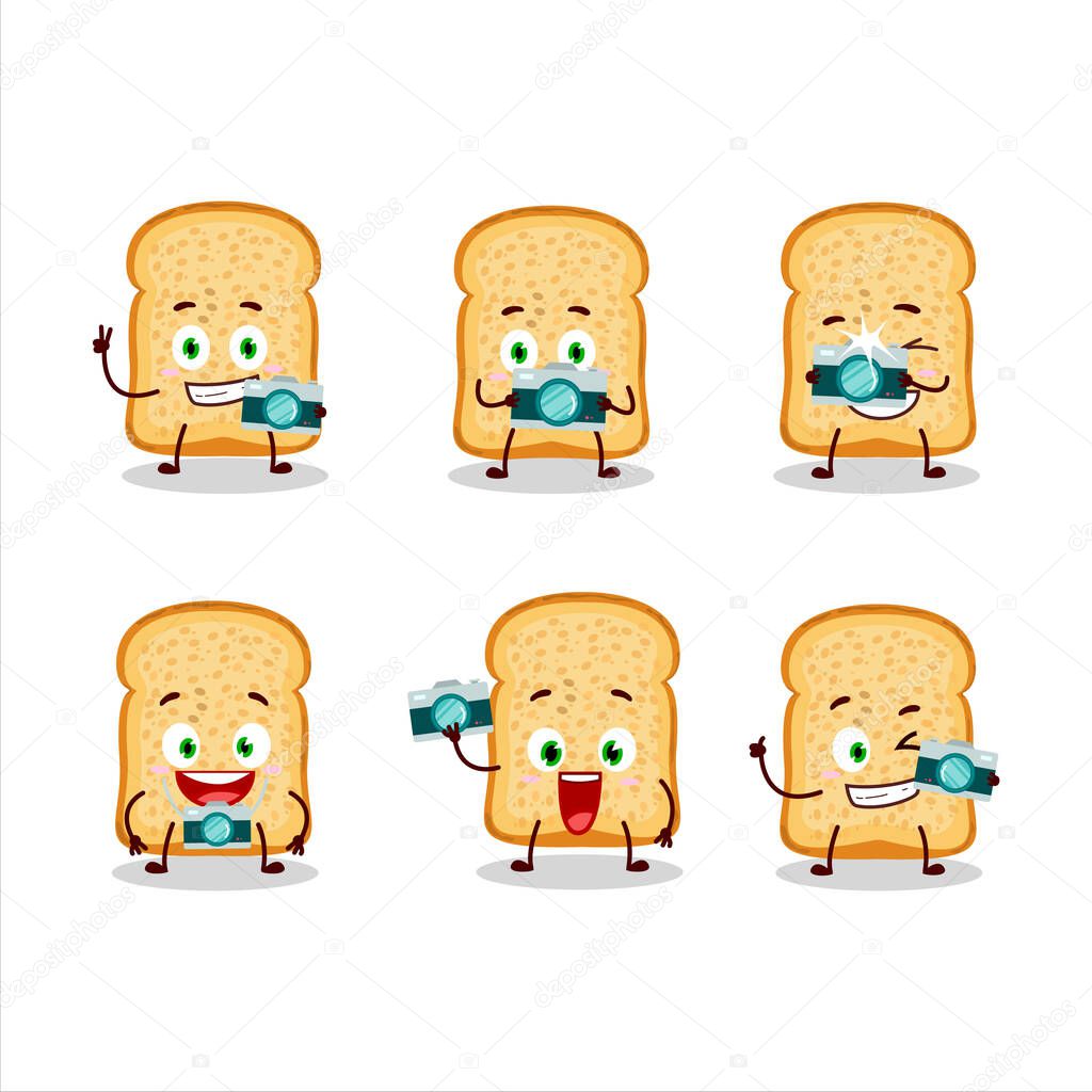 Fotógrafo profesión emoticono con pan tostado personaje de dibujos ...