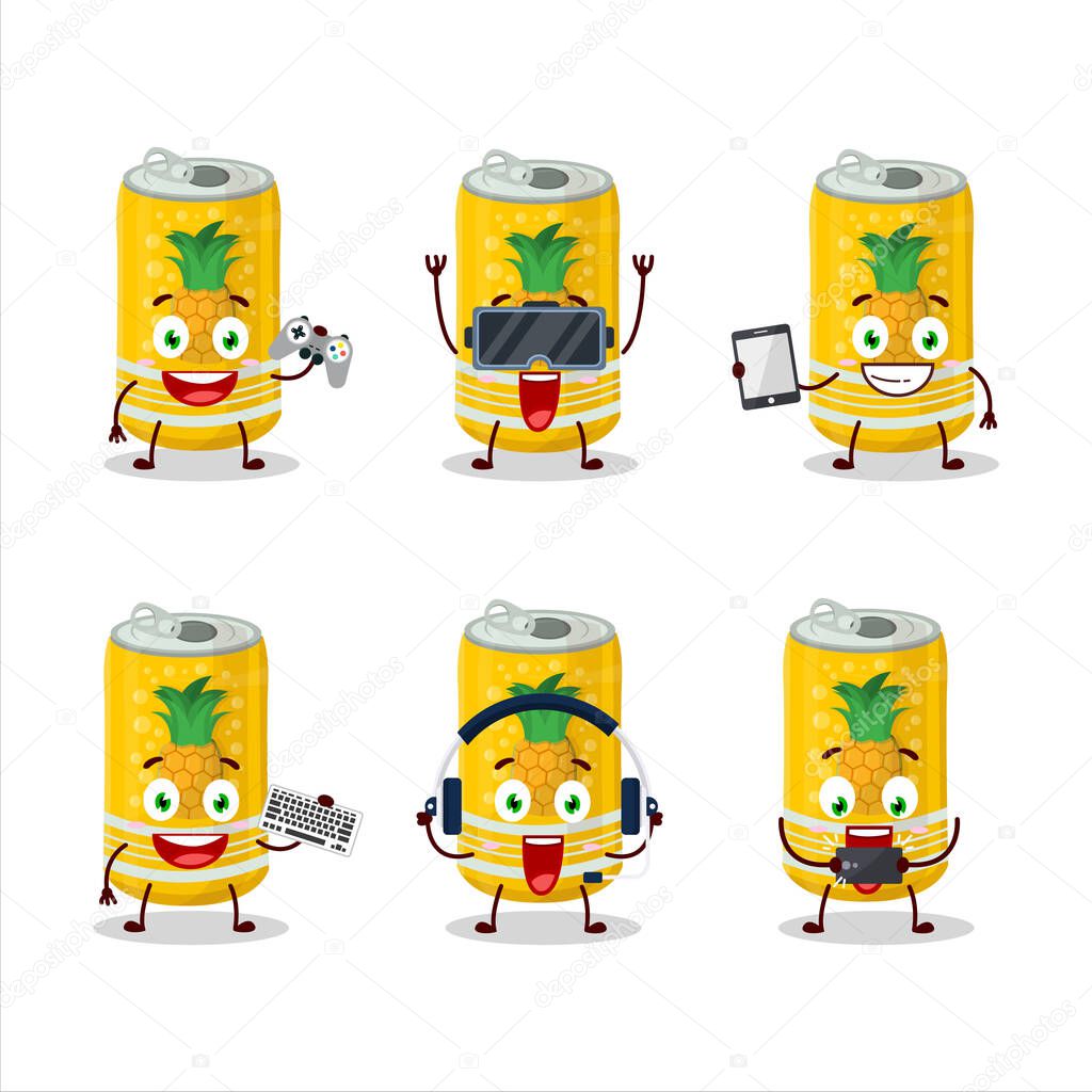 Pi a soda puede personaje de dibujos animados est n jugando juegos con varios emoticonos lindos ...