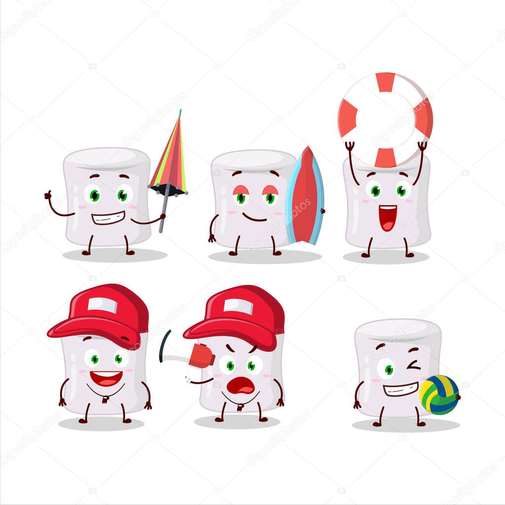 Cara feliz malvavisco personaje de dibujos animados jugando en una playa. Ilustraci n vectorial 2024