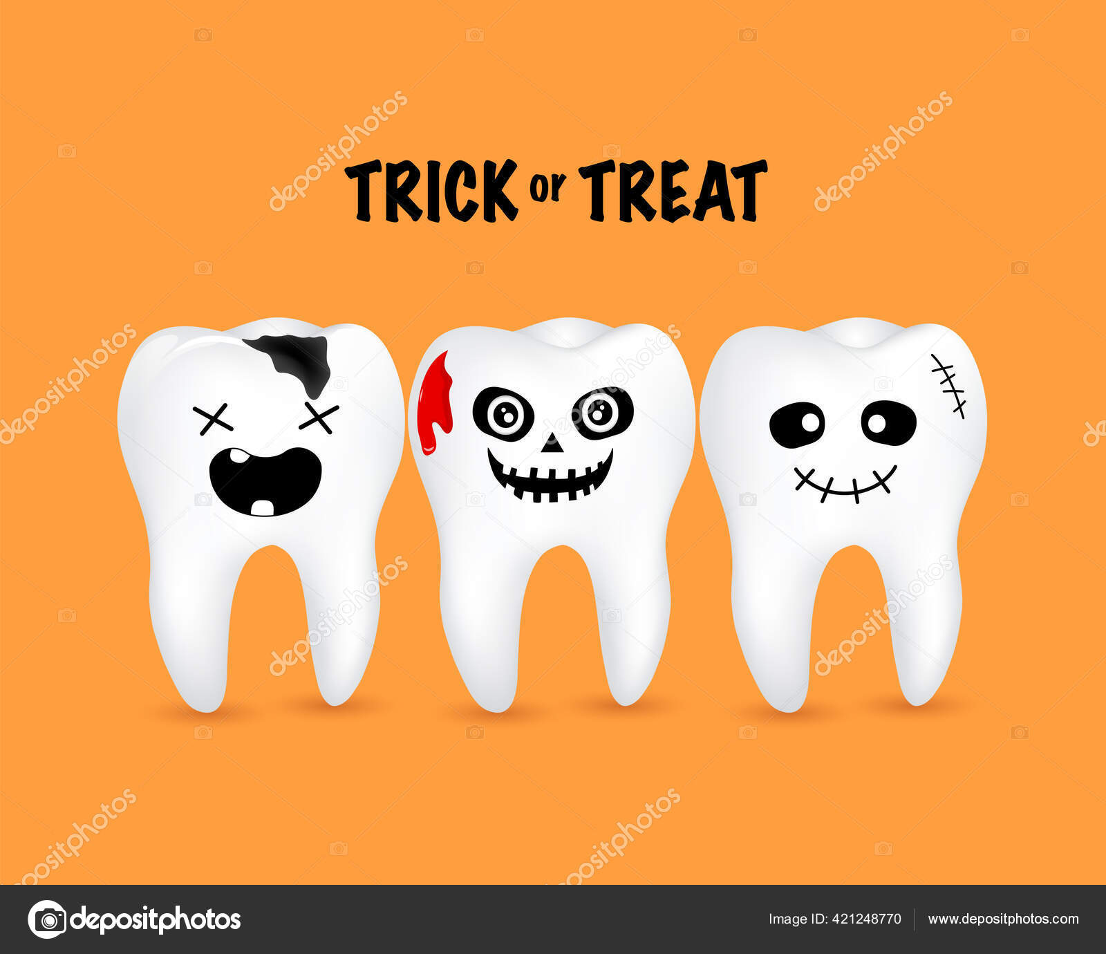 Scary Cartoon Tooth Characters Tooth Blood Trick Treat Concept Happy ...