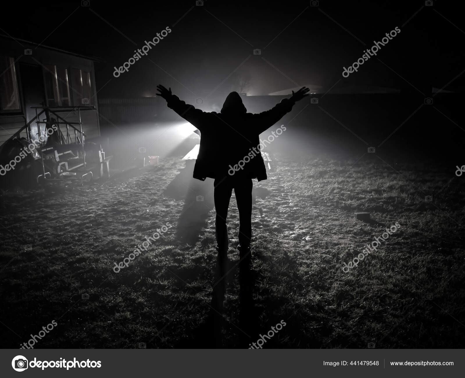 Silhouette Man Back Side Hands Outdoors Car Lights Stock Photo by ...