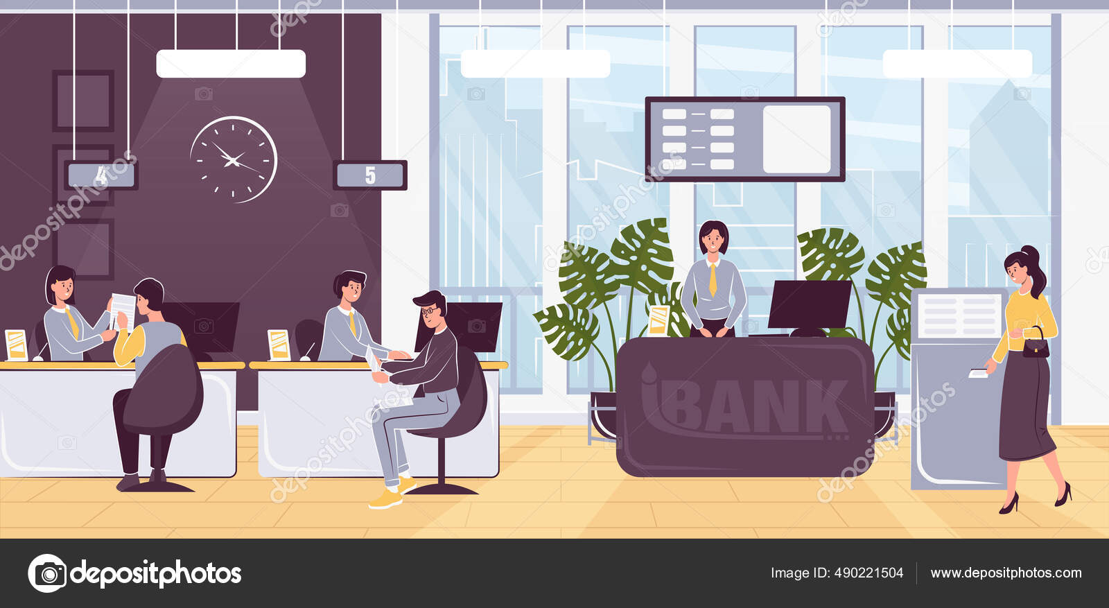 Cartoon Color Characters People und Bank Office Interior Inside Concept ...