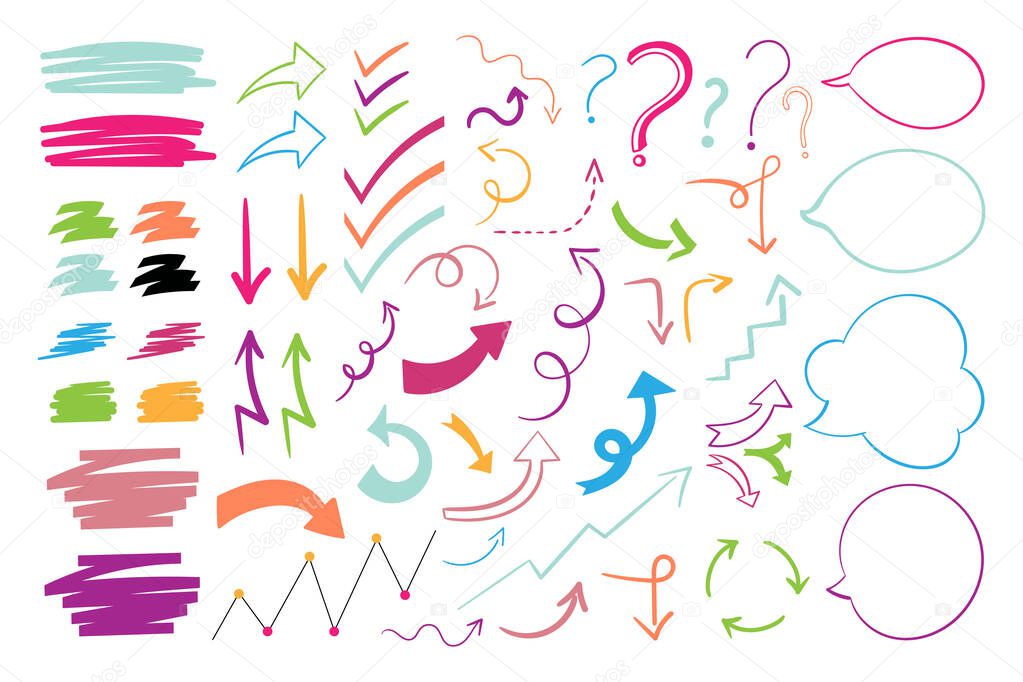 Flechas, signos, símbolos, discurso de la burbuja, colección de colores, elementos aislados 2023