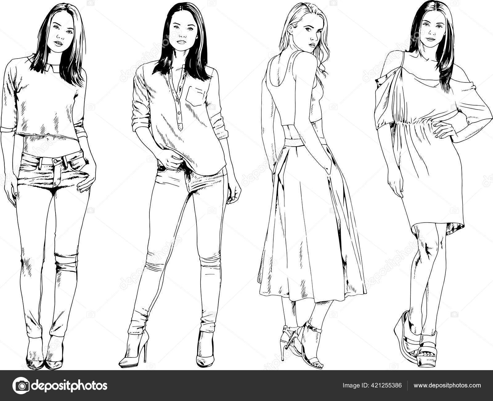 Vector Drawings Theme Beautiful Slim Sporty Girl Casual Clothes Various ...