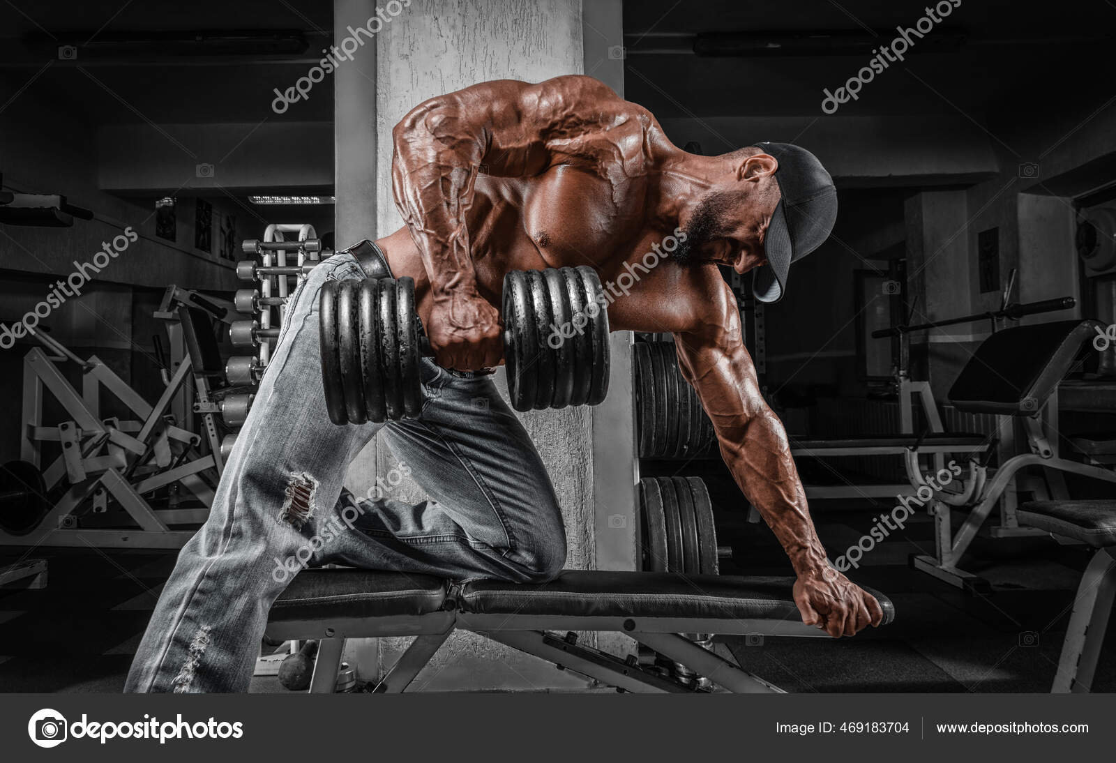 Muscular Man Pulls Dumbbell His Stomach Bodybuilding Powerlifting ...