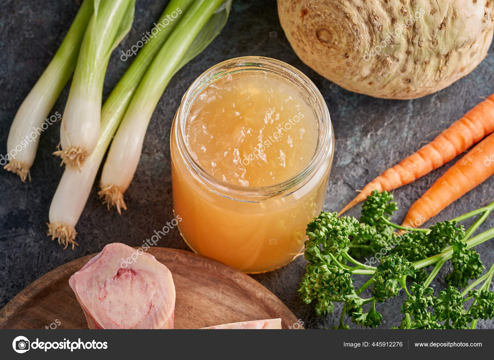 Cooled Congealed Beef Broth Stock Glass Jar Fresh Vegetables Marrow ...