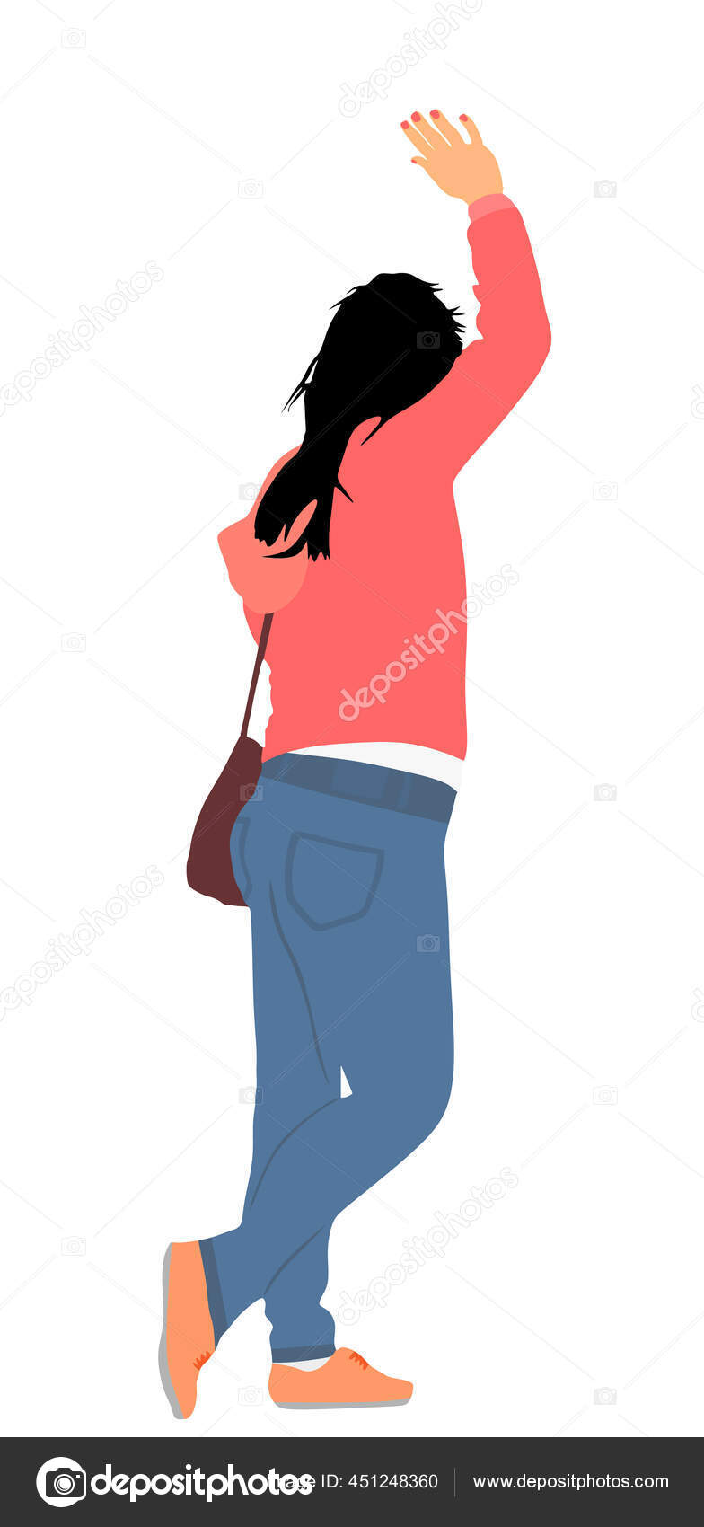 Back View Woman Waving Hand Greeting Vector Illustration Isolated White ...