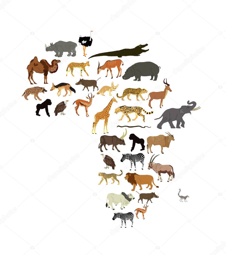 Mapa continental de África ilustración vectorial con animales salvajes ...