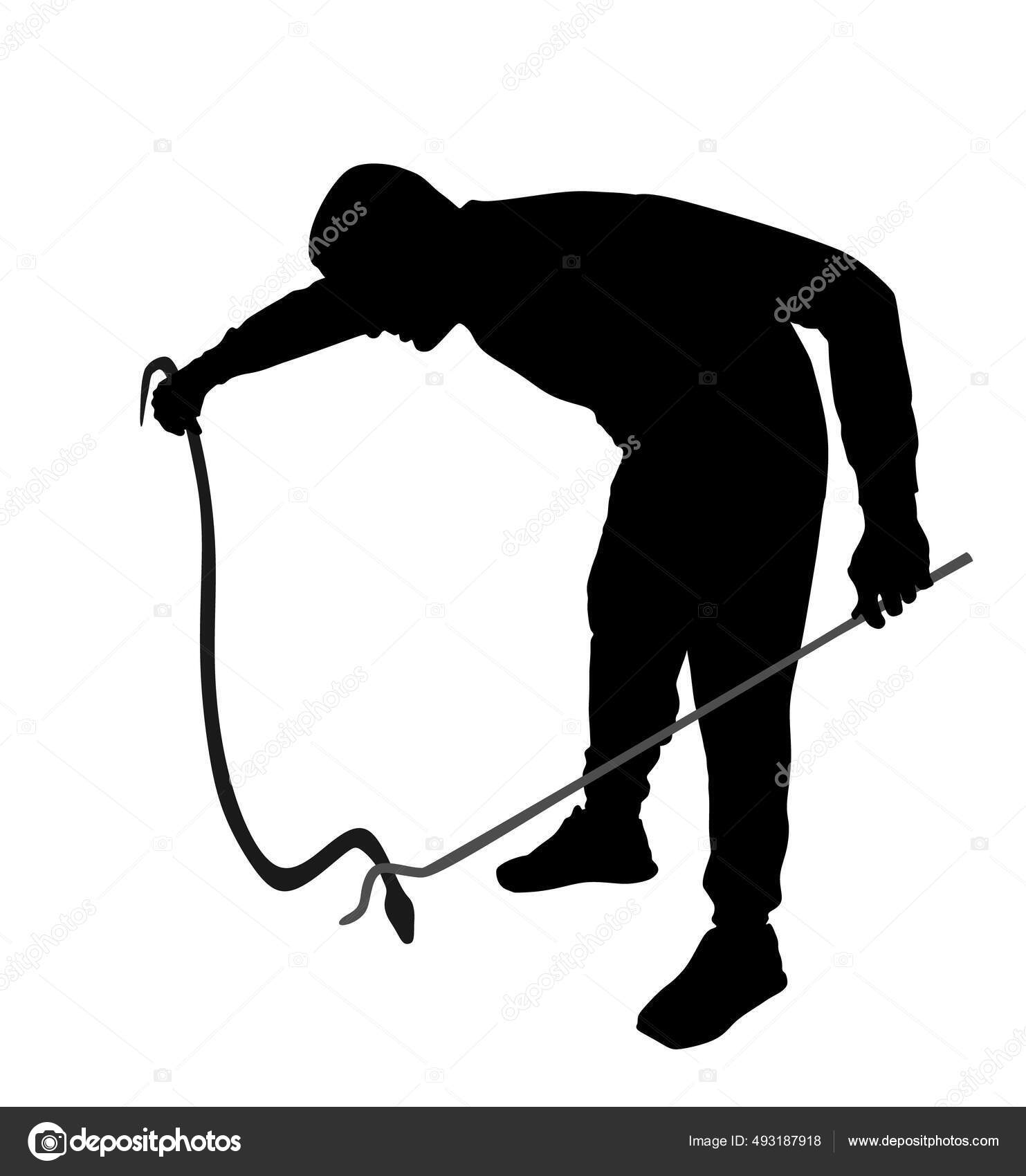 Brave Man Catching Snake Stick Vector Silhouette Illustration Isolated ...