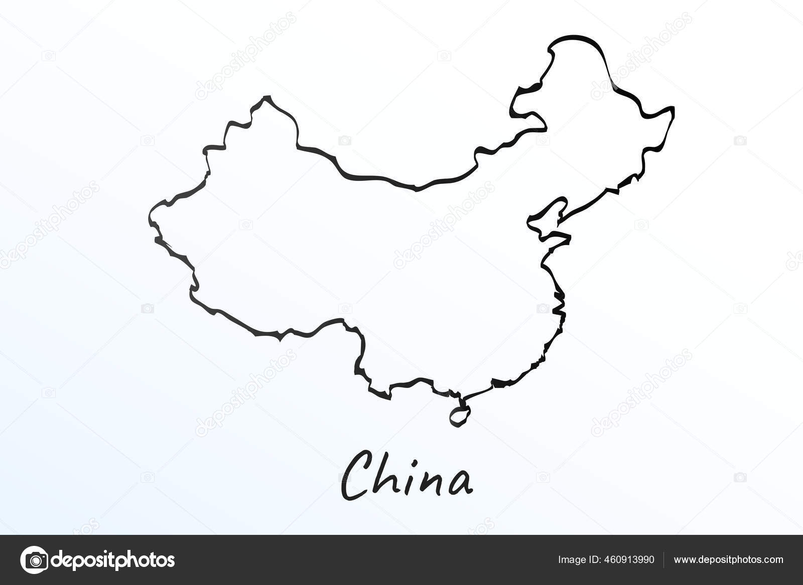 Hand Draw Map China Black Line Drawing Sketch Outline Doodle Stock ...