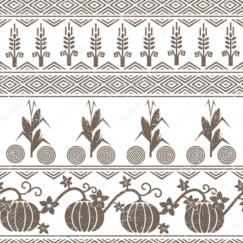 Stylized seamless background with wheat and corn grain, pumpkins, and ...