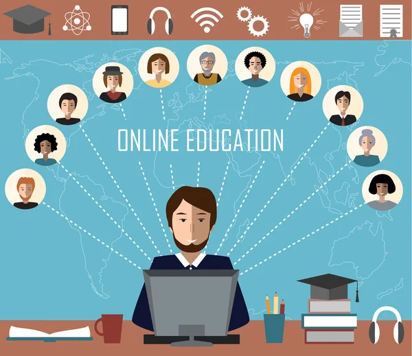 Tutor and his online education group on the world map background ...