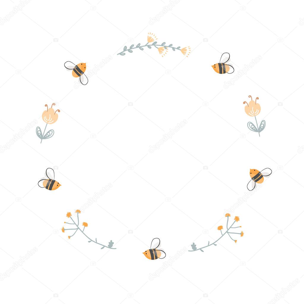 Marco redondo de garabatos de abejas y flores. Diseño de logotipos para ...