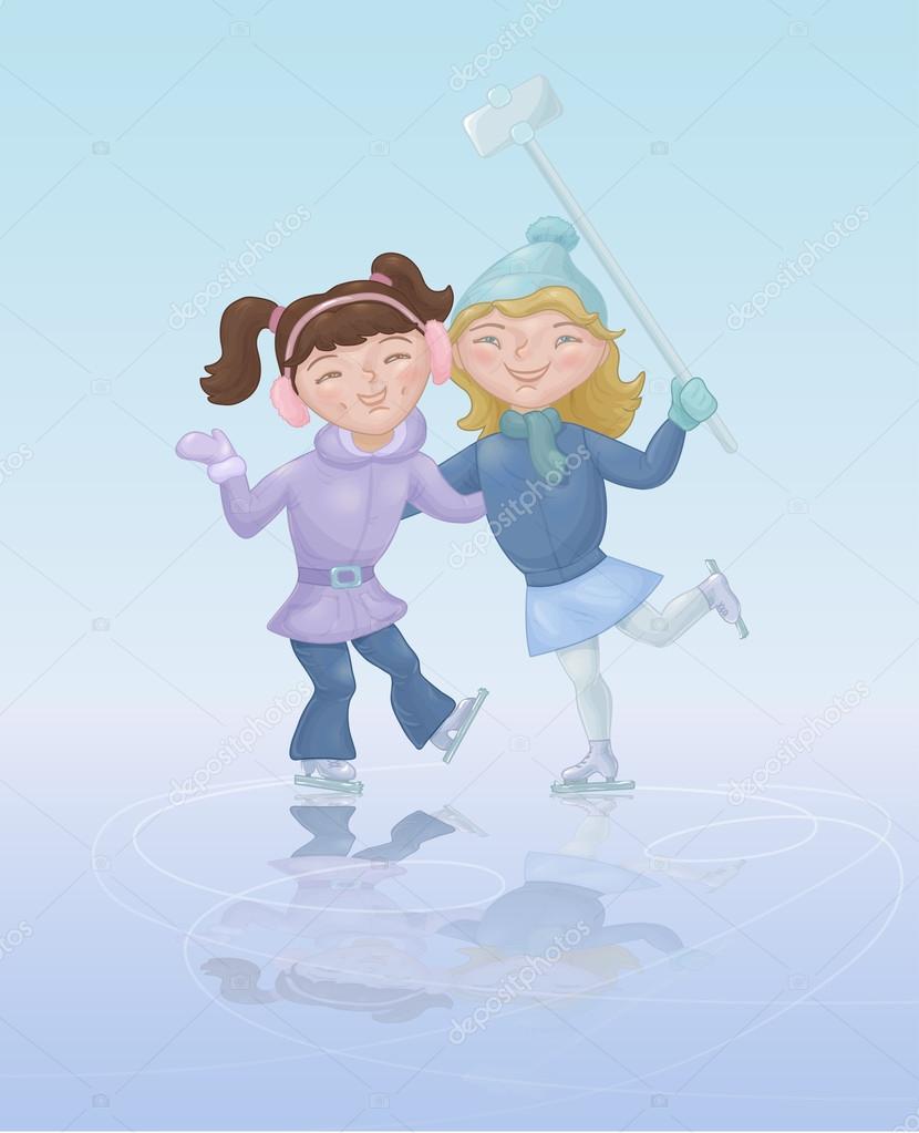 Two girls ice skating and taking selfie. Cute cartoon characters Stock ...