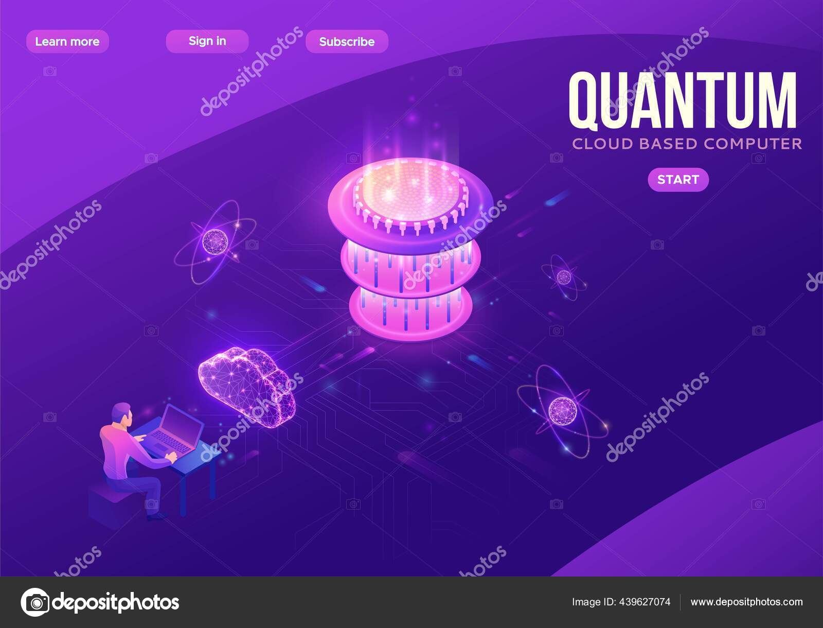 Quantum computer futuristic processor, chip with network, people work on laptop, isometric ...
