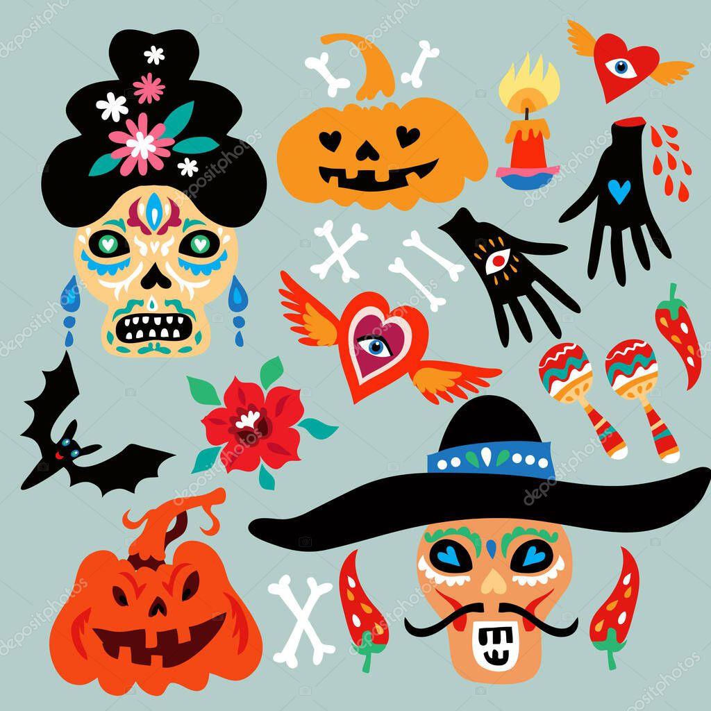 Feliz Halloween, Día de los Muertos, Día de los Muertos set elements ...