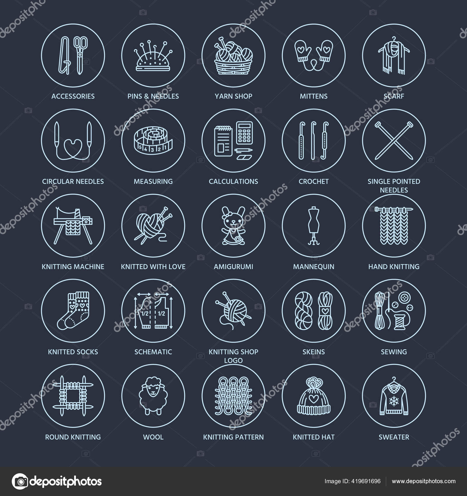 Knitting Crochet Hand Made Line Icons Set Knitting Needle Hook Stock ...